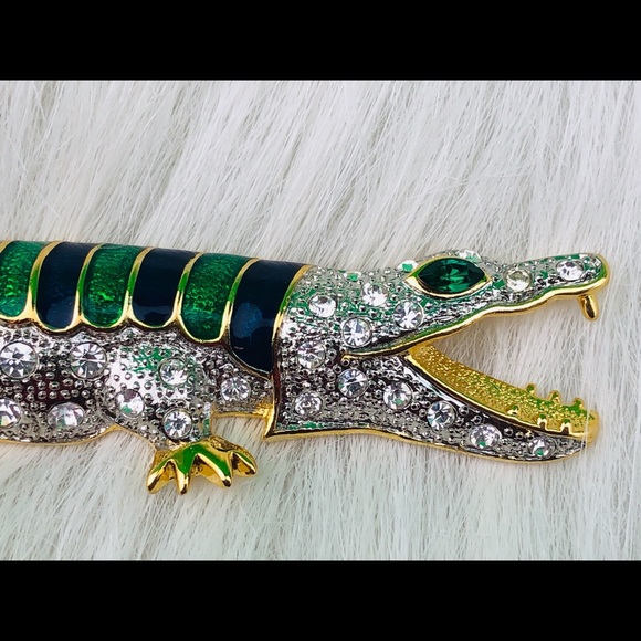 Jewelry | Gold Tone Blue And Green Crystal Alligator Brooch | Poshmark